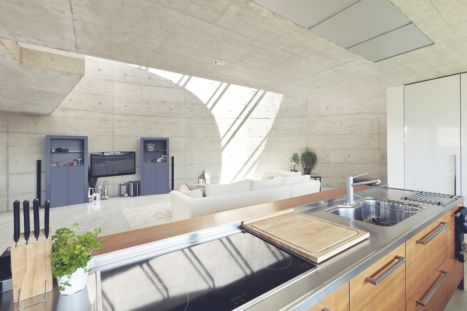 beautiful modern house in cement, interior, open space